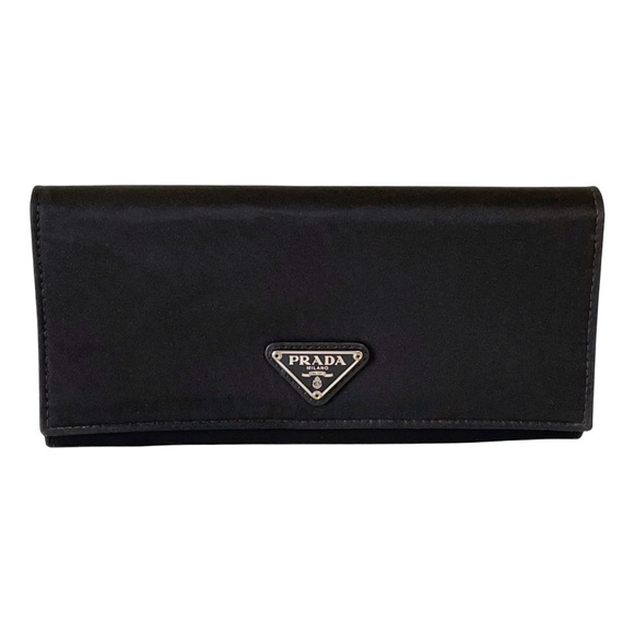 Prada | Bags | Prada Black Tessuto Nylon Triangle Logo Long Snap Wallet ...